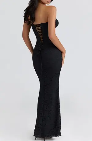 House Of Cb Lace-up Strapless Lace Corset Gown - Black