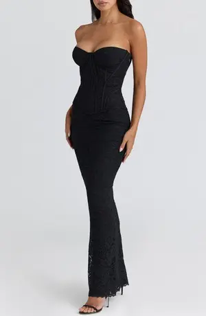 House Of Cb Lace-up Strapless Lace Corset Gown - Black