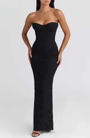 House Of Cb Lace-up Strapless Lace Corset Gown - Black