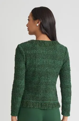 Misook Tailored Knit Jacket With Eyelash Fringe Trim - Green