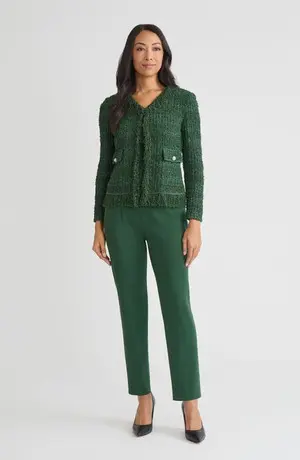 Misook Tailored Knit Jacket With Eyelash Fringe Trim - Green