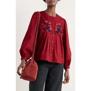 SEASALT CORNWALL Thornapple Embroidered Balloon Sleeve Organic Cotton Top - Jam