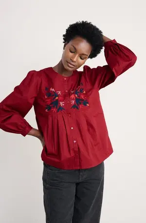 SEASALT CORNWALL Thornapple Embroidered Balloon Sleeve Organic Cotton Top