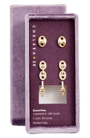 Chelsea28 3-pack Cubic Zirconia Earrings - Clear- Gold