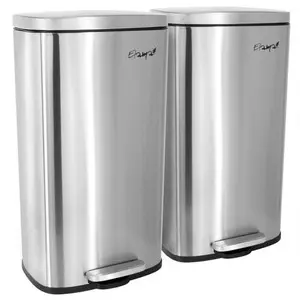 ELAMA 2 Piece 8 Gallon Each 30 Liter Rectangular Stainless Steel Twin Step Trash Bins With Slow Close Mechanism - Silver