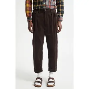 BEAMS Pleated Corduroy Tapered Leg Trousers - Dark Brown