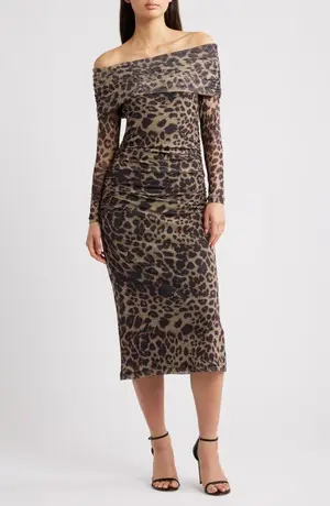 ICHI Ihparda Print Off-the-shoulder Midi Dress