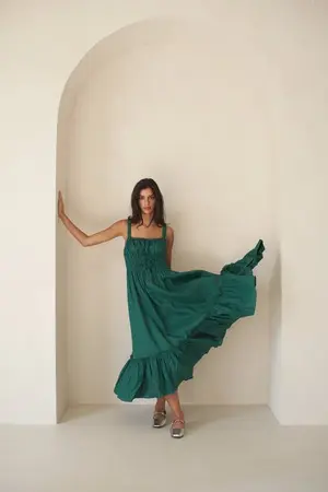 VASILIKI Amara Ruched Linen Midi Dress - Emerald