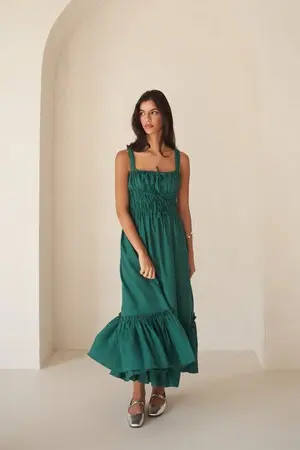 VASILIKI Amara Ruched Linen Midi Dress - Emerald