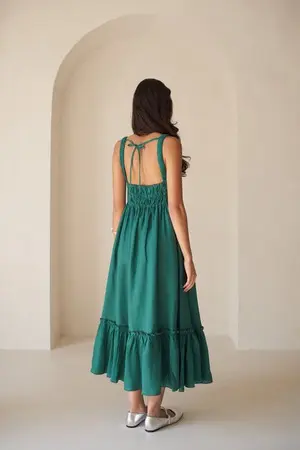 VASILIKI Amara Ruched Linen Midi Dress - Emerald