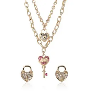 Juicy Couture Key Charm Layered Necklace And Lock Earring Set - Gold Tone