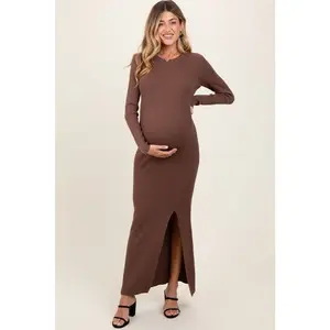 PINKBLUSH Ribbed Knit Long Sleeve Side Slit Maxi Dress - Mocha