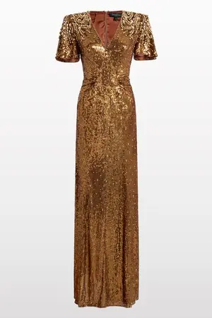 Metallic Bronze Plunge Long Sleeve Gown