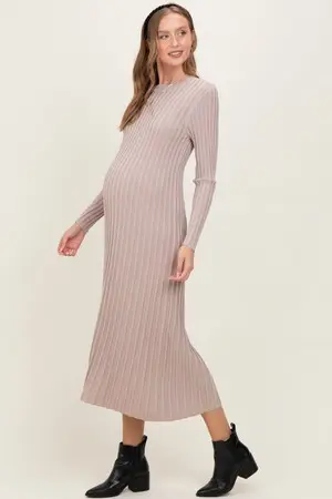 PINKBLUSH Ribbed Long Sleeve Sweater Midi Dress - Beige