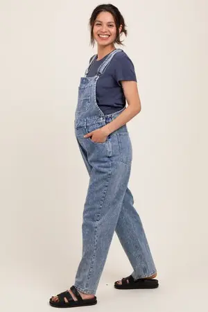 PINKBLUSH Wash Rolled Cuff Denim Overalls - Light Blue