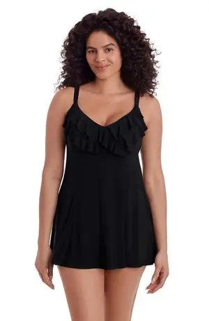 LONGITUDE Ruffle Front Long Torso Swim Dress - Black