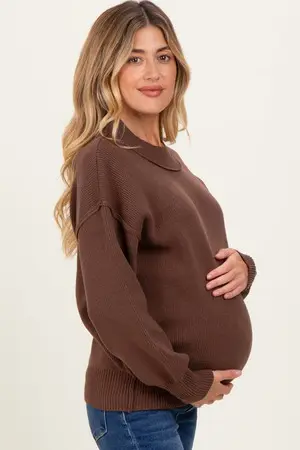 PINKBLUSH Wide Neck Drop Shoulder Sweater - Brown