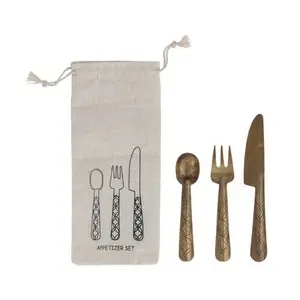 STORIED HOME 3-piece Appetizer Utensils With Etched Handles - Brass