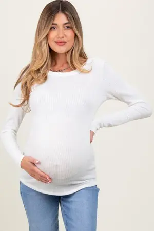 PINKBLUSH Ribbed Scoop Neck Long Sleeve Top - Ivory