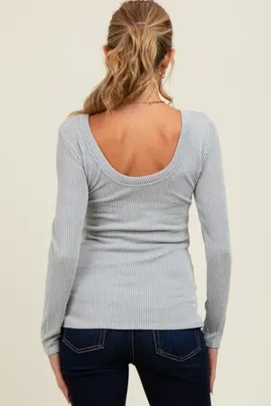 PINKBLUSH Ribbed Scoop Neck Long Sleeve Top - Silver