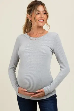 PINKBLUSH Ribbed Scoop Neck Long Sleeve Maternity Top - Silver