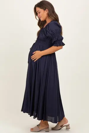 PINKBLUSH Smocked Ruffle Square Neck Midi Dress