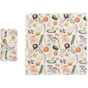 STORIED HOME Vegetable Print Napkins With Fringe - White