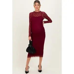 PINKBLUSH Lace Overlay Fitted Maternity Midi Dress