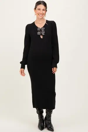 PINKBLUSH Ribbed Bow Detail Maternity Midi Sweater Dress - Black
