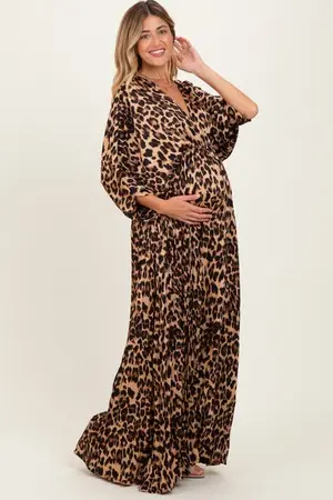 PINKBLUSH Pleated V Neck Leopard Print Maxi Dress