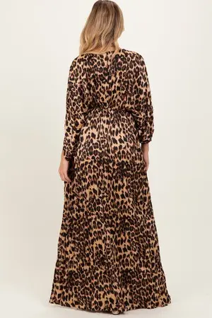 PINKBLUSH Pleated V Neck Leopard Print Maxi Dress