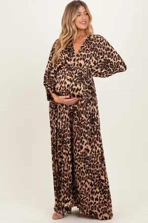 PINKBLUSH Pleated V Neck Leopard Print Maxi Dress - Brown
