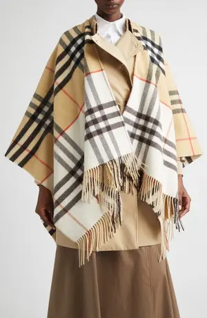 Burberry Ekd Check Double Face Cashmere & Wool Fringe Cape - Sand/pebble White