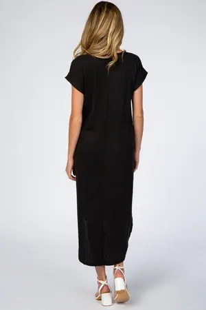 PINKBLUSH Ribbed Curved Hem Midi Dress - Black