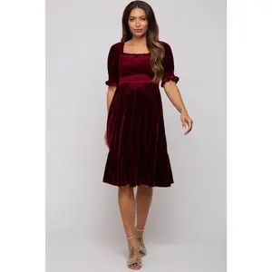 PINKBLUSH Velvet Smocked Puff Sleeve Dress - Burgundy
