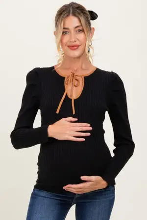 PINKBLUSH Ribbed Knit Cutout Tie Front Top - Black