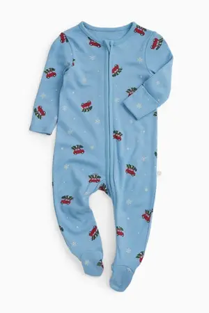 MORI Snowy Car Print Two-way Zip-up Sleepsuit - Christmas Car Print