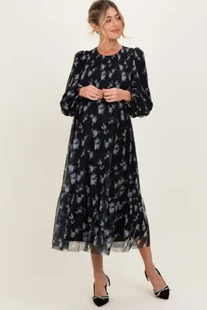 PINKBLUSH Floral Mesh Smocked Maternity Midi Dress