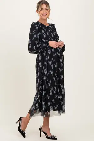 PINKBLUSH Floral Mesh Smocked Maternity Midi Dress