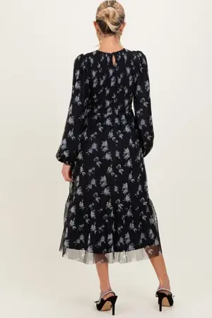 PINKBLUSH Floral Mesh Smocked Maternity Midi Dress