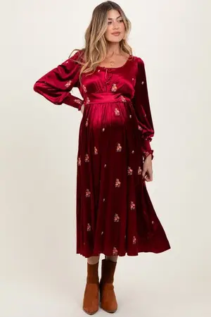 PINKBLUSH Velvet Embroidered Floral Maternity Midi Dress - Red
