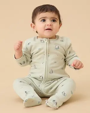 MORI Penguin Print Zip-up Sleepsuit