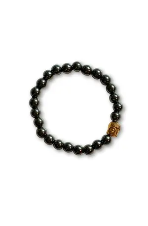 HUMANIST BEAUTY Beaded Bracelet With Buddha Accent - Hematite