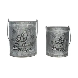 TRANSPAC Christmas Let It Snow Bucket Lanterns Set Of 2 Metal