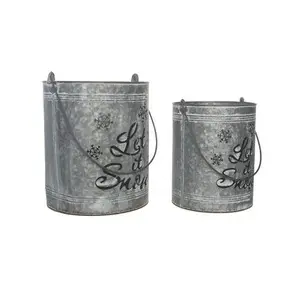 TRANSPAC Christmas Let It Snow Bucket Lanterns Set Of 2 Metal