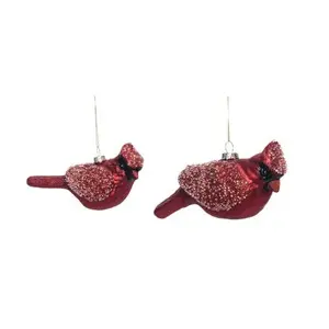 TRANSPAC Holiday Glitter Cardinal Ornament Set Of 2 Glass Ornaments - Red