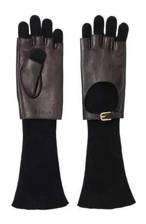 Sandro Long Knit And Leather Gloves - Black