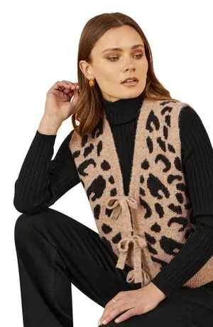 YUMI Knitted Cheetah Print Tie Waistcoat