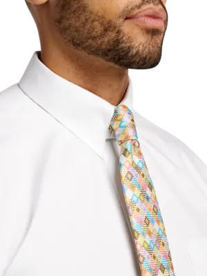 PAUL FREDRICK Non-iron Cotton Pinpoint Solid Snap Tab Collar Dress Shirt - White