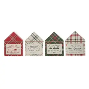 TRANSPAC Mdf Plaid Home Shaped Block Decor Set Of Christmas Decorations - Multicolored